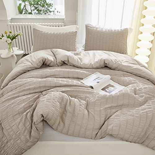 Litanika Full Size Comforter Set Khaki, 3 Pieces Lightweight Seersucker Bedding Comforters Sets, Soft Bed Set (79x90In Comforter & 2 Pillowcases)