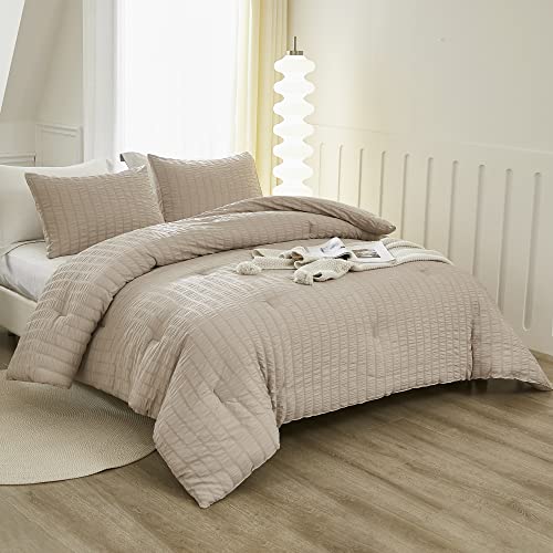 Litanika Full Size Comforter Set Khaki, 3 Pieces Lightweight Seersucker Bedding Comforters Sets, Soft Bed Set (79x90In Comforter & 2 Pillowcases)