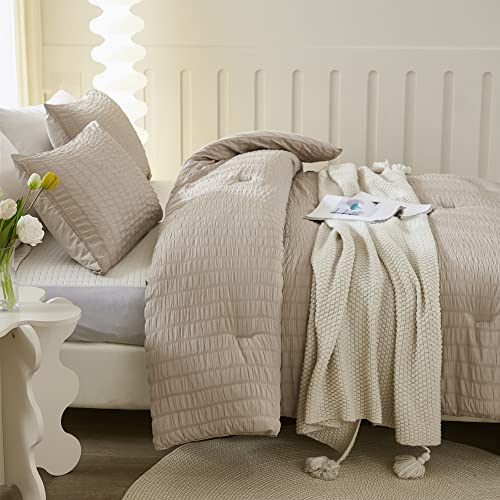 Litanika Full Size Comforter Set Khaki, 3 Pieces Lightweight Seersucker Bedding Comforters Sets, Soft Bed Set (79x90In Comforter & 2 Pillowcases)