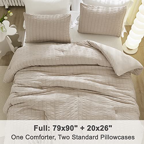 Litanika Full Size Comforter Set Khaki, 3 Pieces Lightweight Seersucker Bedding Comforters Sets, Soft Bed Set (79x90In Comforter & 2 Pillowcases)