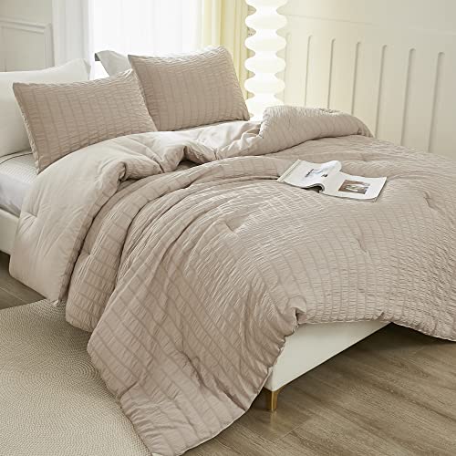 Litanika Full Size Comforter Set Khaki, 3 Pieces Lightweight Seersucker Bedding Comforters Sets, Soft Bed Set (79x90In Comforter & 2 Pillowcases)