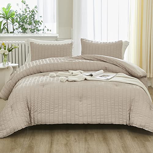 Litanika Full Size Comforter Set Khaki, 3 Pieces Lightweight Seersucker Bedding Comforters Sets, Soft Bed Set (79x90In Comforter & 2 Pillowcases)