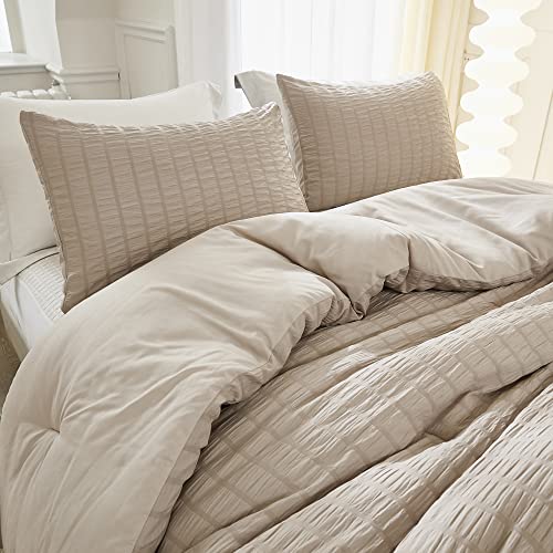 Litanika Full Size Comforter Set Khaki, 3 Pieces Lightweight Seersucker Bedding Comforters Sets, Soft Bed Set (79x90In Comforter & 2 Pillowcases)