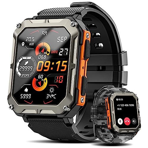 Military Smart Watch for Men (Answer/Make Call), Rugged Tactical Smartwatch for Android Phones and iPhone with 2 Straps, 10 ATM Waterproof Outdoor Sports Fitness Tracker with Heart Rate, Sleep Monitor