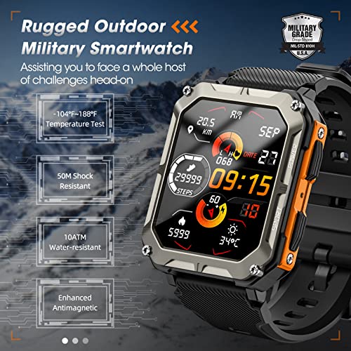 Military Smart Watch for Men (Answer/Make Call), Rugged Tactical Smartwatch for Android Phones and iPhone with 2 Straps, 10 ATM Waterproof Outdoor Sports Fitness Tracker with Heart Rate, Sleep Monitor