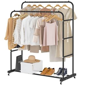 laiensia double rods clothing rack with wheels, garment rack for hanging clothes, multi-functional bedroom clothes rack, black