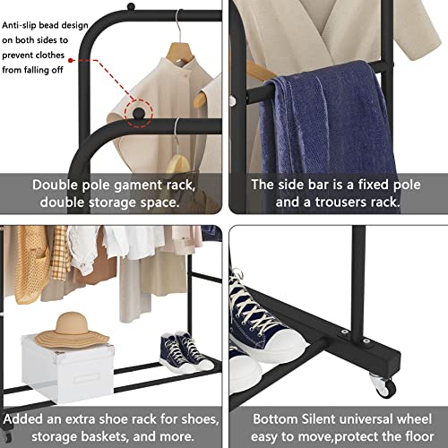 Laiensia Double Rods Clothing Rack with Wheels, Garment Rack for Hanging Clothes, Multi-functional Bedroom Clothes Rack, Black