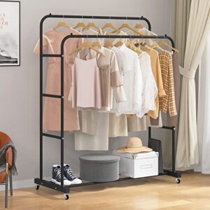 Laiensia Double Rods Clothing Rack with Wheels, Garment Rack for Hanging Clothes, Multi-functional Bedroom Clothes Rack, Black