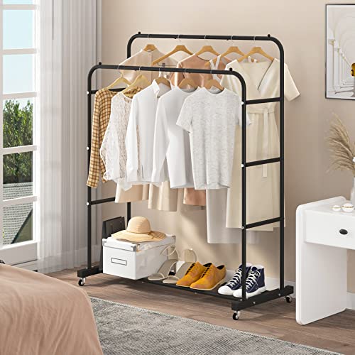 Laiensia Double Rods Clothing Rack with Wheels, Garment Rack for Hanging Clothes, Multi-functional Bedroom Clothes Rack, Black