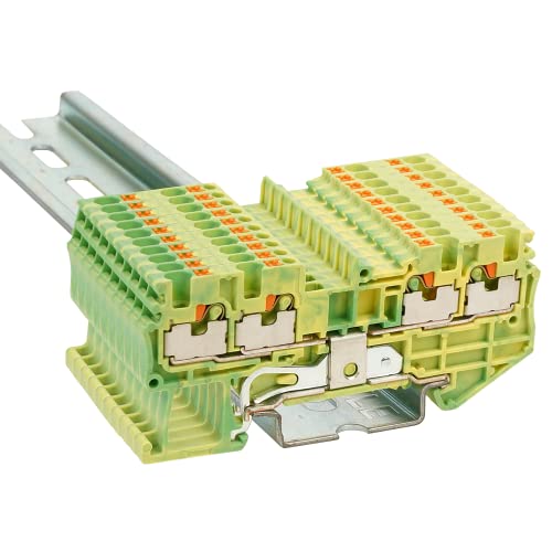 Dinkle Din Rail Ground Terminal Blocks 10pcs DP1.5-TR-PE, 300V, 26-14AWG, 4 Connection, Push-in Connector, Green Yellow, Single Level, Push-in Terminal Block, Grounding Terminal Block, Rail mounting