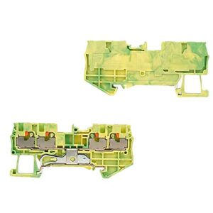 Dinkle Din Rail Ground Terminal Blocks 10pcs DP1.5-TR-PE, 300V, 26-14AWG, 4 Connection, Push-in Connector, Green Yellow, Single Level, Push-in Terminal Block, Grounding Terminal Block, Rail mounting