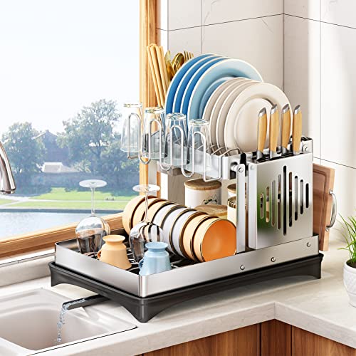 HERJOY 2 Tier Dish Drying Rack Foldable Dish Racks for Kitchen Counter with Utensil Holder - Large Dish Drying Rack with Drainboard - Rustproof Dish Drainers for Kitchen Counter Dish Organizer