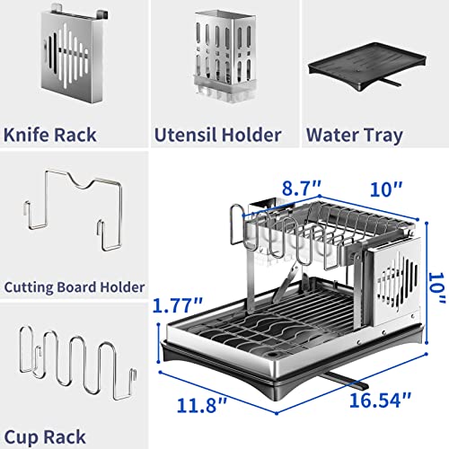 HERJOY 2 Tier Dish Drying Rack Foldable Dish Racks for Kitchen Counter with Utensil Holder - Large Dish Drying Rack with Drainboard - Rustproof Dish Drainers for Kitchen Counter Dish Organizer