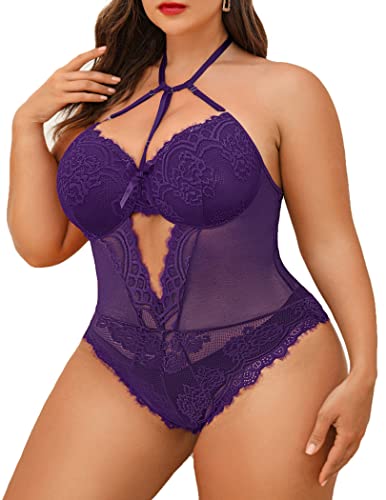 Avidlove Plus Size Lingerie for Women Purple Teddy Lingerie Lace Bodysuit Babydoll