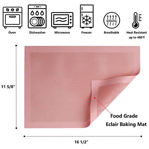 Perforated Baking Mats, 2 PCS Pink Eclair Silicone Mat for Half Sheet, Non-Stick Reusable Oven Liners for Making Bread/Pizza/Pastry/Cookie 11 5/8" x 16 1/2", Sakura Pink