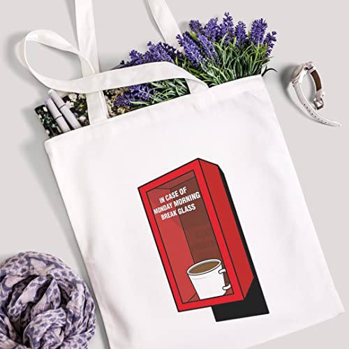 BREAK GLASS EMERGENCY COFFEE AESTHETIC DESIGN, Reusable Tote Bag, Lightweight Grocery Shopping Cloth Bag, 13” x 14” with 20” Handles