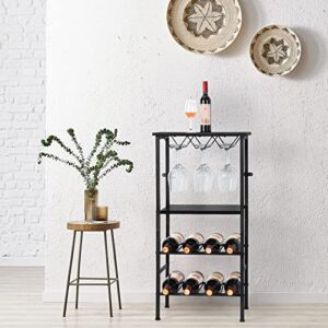 wine rack table, freestanding wine bar rack, wine bar cabinet with glassbottle holder, metal and wood industrial wine cabinet for home, floor liquor wine cabinet storage, for bar kitchen dining, black