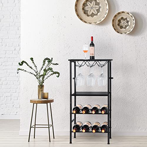 Wine Rack Table, FreeStanding Wine Bar Rack, Wine Bar Cabinet with GlassBottle Holder, Metal and Wood Industrial Wine Cabinet for Home, Floor Liquor Wine Cabinet Storage, for Bar Kitchen Dining, Black