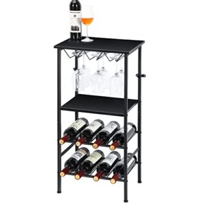 Wine Rack Table, FreeStanding Wine Bar Rack, Wine Bar Cabinet with GlassBottle Holder, Metal and Wood Industrial Wine Cabinet for Home, Floor Liquor Wine Cabinet Storage, for Bar Kitchen Dining, Black