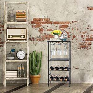 Wine Rack Table, FreeStanding Wine Bar Rack, Wine Bar Cabinet with GlassBottle Holder, Metal and Wood Industrial Wine Cabinet for Home, Floor Liquor Wine Cabinet Storage, for Bar Kitchen Dining, Black