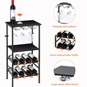 Wine Rack Table, FreeStanding Wine Bar Rack, Wine Bar Cabinet with GlassBottle Holder, Metal and Wood Industrial Wine Cabinet for Home, Floor Liquor Wine Cabinet Storage, for Bar Kitchen Dining, Black