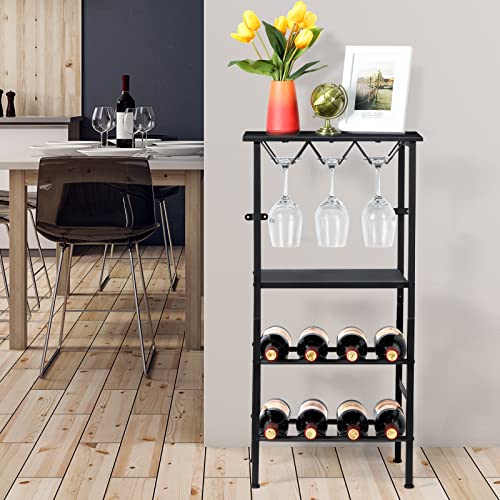 Wine Rack Table, FreeStanding Wine Bar Rack, Wine Bar Cabinet with GlassBottle Holder, Metal and Wood Industrial Wine Cabinet for Home, Floor Liquor Wine Cabinet Storage, for Bar Kitchen Dining, Black