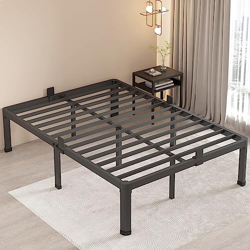 MAF 18 Inch Full Size Bed Frame with Round Corner Legs Mattress Slide Stopper No Box Spring Needed Heavy Duty Metal Platform Bed Frames Under-Bed Storage Space, 3000 LBS Steel Slats Support