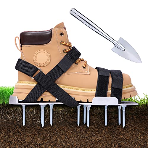 Ohuhu Metal Lawn Aerator Shoes, Upgraded Aerating Shoe with Durable Aluminum Sole, Free-Installation Spiked Aerating Sandals with Stainless Steel Shovel, One-Size-Fits-All for Yard Patio Garden Grass