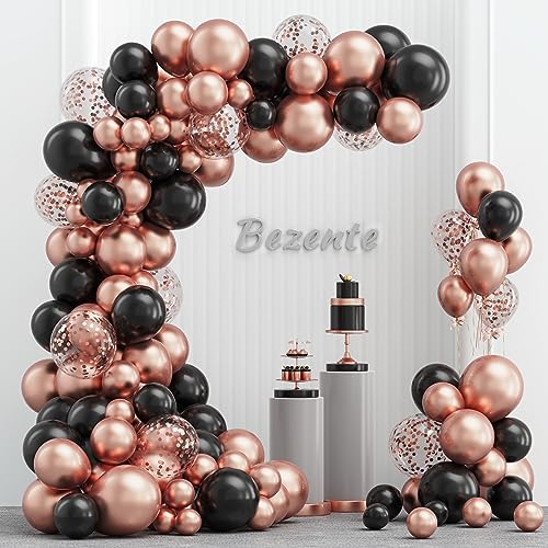 Bezente Rose Gold Black Balloons Garland Kit, 100Pcs Metallic Chrome Rose Gold Black and Rose Gold Confetti Balloons Arch for Wedding, Birthday, Graduation, Baby Shower Party Decoration