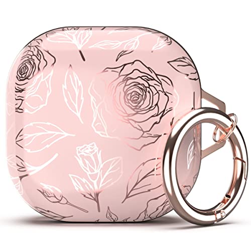 TATOFY Case for Galaxy Buds 2 Pro, Galaxy Buds 2, Galaxy Buds Pro, Galaxy Buds Live, Golden Leaf Golden Flower Hard Case with Carabiner, Support Wireless Charging, LED Visible (Pink & Golden)