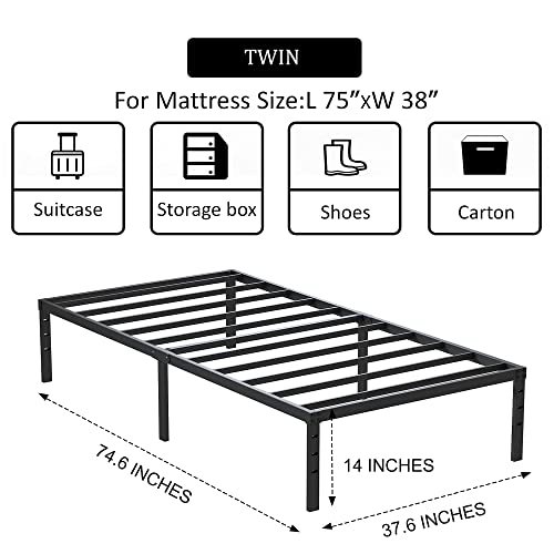 ALDRICH 14 Inch Metal Twin Bed Frame - Single Black Basic Anti Squeak Steel Slats Platform, Easy Assembly Heavy Duty Noise Free Bedframes, No Box Spring Needed