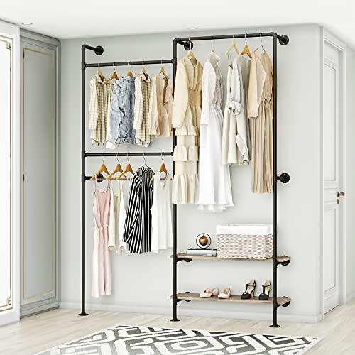 Industrial Pipe Clothing Rack Wall Mounted, Double Hanging Rods Clothes Rack with Shelves, Clothes Rack for Wardrobe, Bedroom and as walk-in Closet System, Heavy Duty Hanging Clothes Rack(Black)