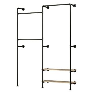 Industrial Pipe Clothing Rack Wall Mounted, Double Hanging Rods Clothes Rack with Shelves, Clothes Rack for Wardrobe, Bedroom and as walk-in Closet System, Heavy Duty Hanging Clothes Rack(Black)