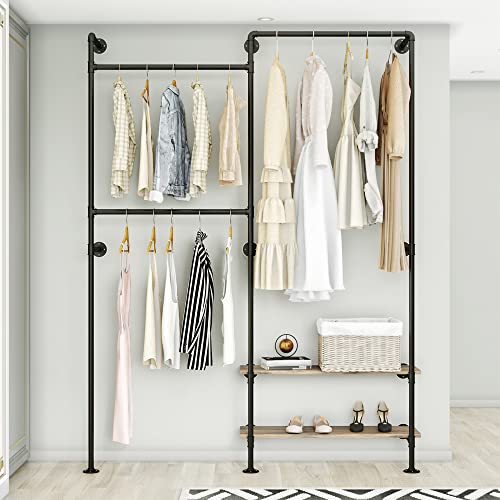 Industrial Pipe Clothing Rack Wall Mounted, Double Hanging Rods Clothes Rack with Shelves, Clothes Rack for Wardrobe, Bedroom and as walk-in Closet System, Heavy Duty Hanging Clothes Rack(Black)