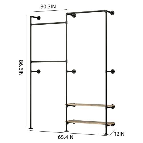 Industrial Pipe Clothing Rack Wall Mounted, Double Hanging Rods Clothes Rack with Shelves, Clothes Rack for Wardrobe, Bedroom and as walk-in Closet System, Heavy Duty Hanging Clothes Rack(Black)