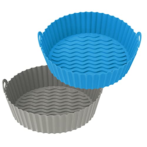 OUTXE Silicone Air Fryer Liners, 2-Pack Reusable Airfryer Basket Tray Accessories Round Compatible With Ninja Cosori Gourmia 5.8/6/7/8/9 qt (Blue+Gray)