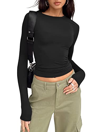 Trendy Queen Long Sleeve Shirts for Women Fall Clothes Fashion 2023 Going Out Tops Long Sleeve Crop Tops Sweaters Workout Basic Cute Y2K Shirts Winter Clothes Teen Girls Black