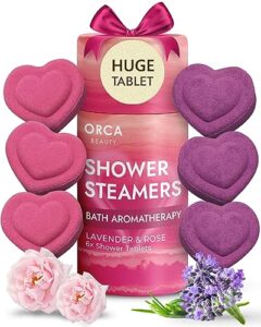 6pc heart-shaped shower steamers aromatherapy, huge shower bomb 1.4oz, birthday gifts for women, rose & lavender shower steamer, shower bombs aromatherapy, shower tablets for self care gifts for women