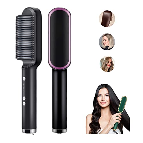 2023 New Negative Ion Hair Straightener with 5 Temp, 2 in 1 Brush and Curler, Portable Electric Straightening Heated Styling Comb 10s Fast Heating Anti-Scald (Black)