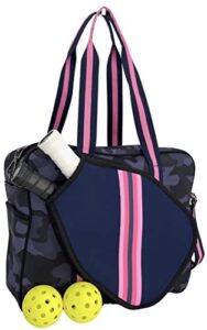 queen of the court pickleball bag, pickleball bag with fence hook, pickle ball bag for women, cute pickleball bag (navy camo with pink stripe)