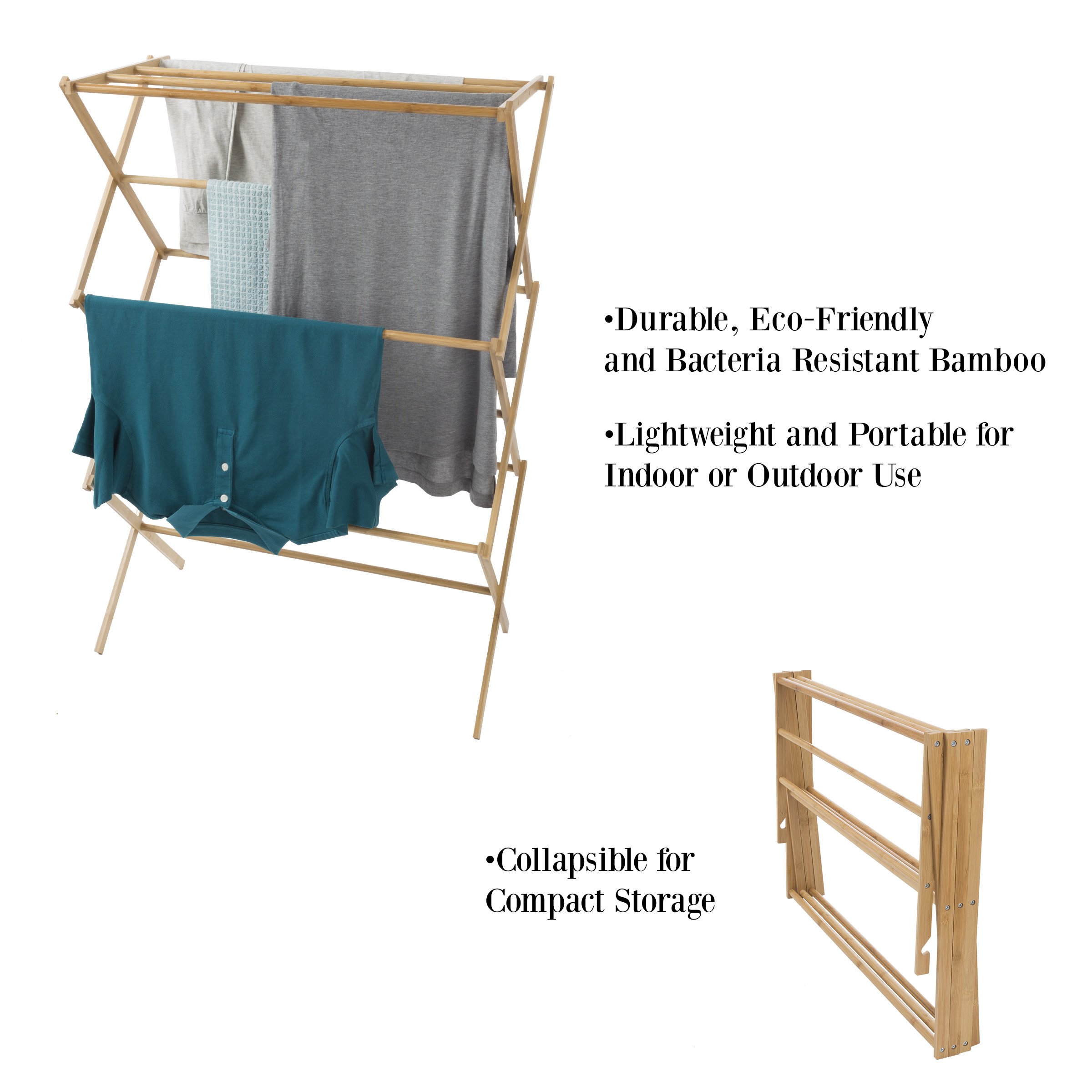 Lavish Home Bamboo Clothes Drying Rack, Folding Portable Clothesline, Collapsible Laundry Rack for Indoor or Outdoor, Compact & Eco-Friendly