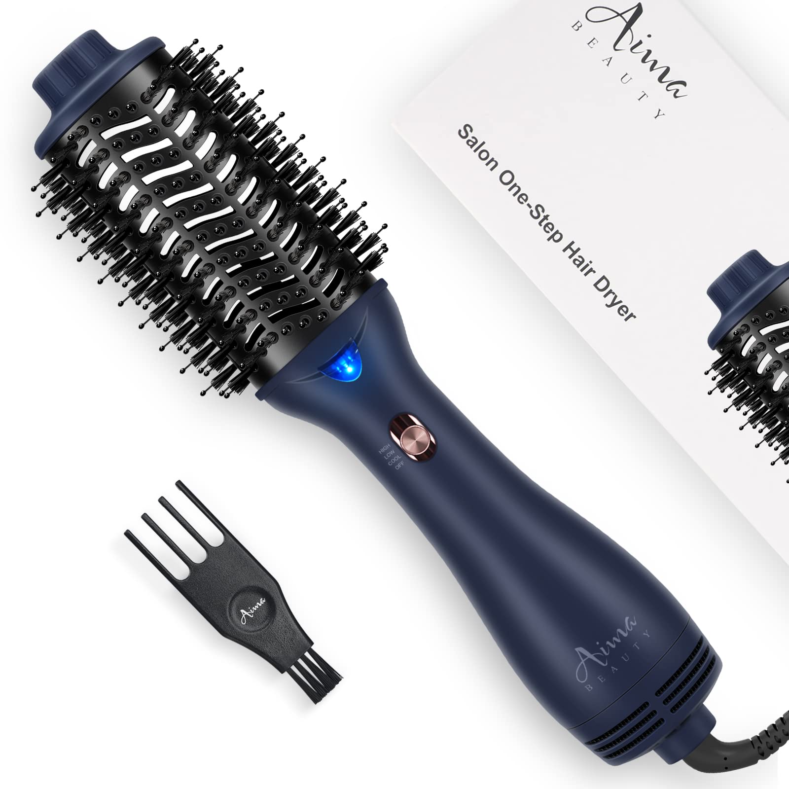 One Step Hair Dryer & Volumizing Hot Air Brush, Aima Beauty Hair Blow Dryer Brush, Ceramic Straightener Brush, Curler & Hot Comb 4 in 1 Salon Ionic Hair Brush, Prussian Blue