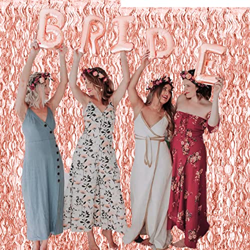 Wavy Tinsel Foil Fringe Curtains and 16 inch Bride Balloons Photo Backdrop for Bachelorette Party Decorations Bridal Shower Decorations(2 Pack 3.2 ft x 6.6 ft Rose Gold)