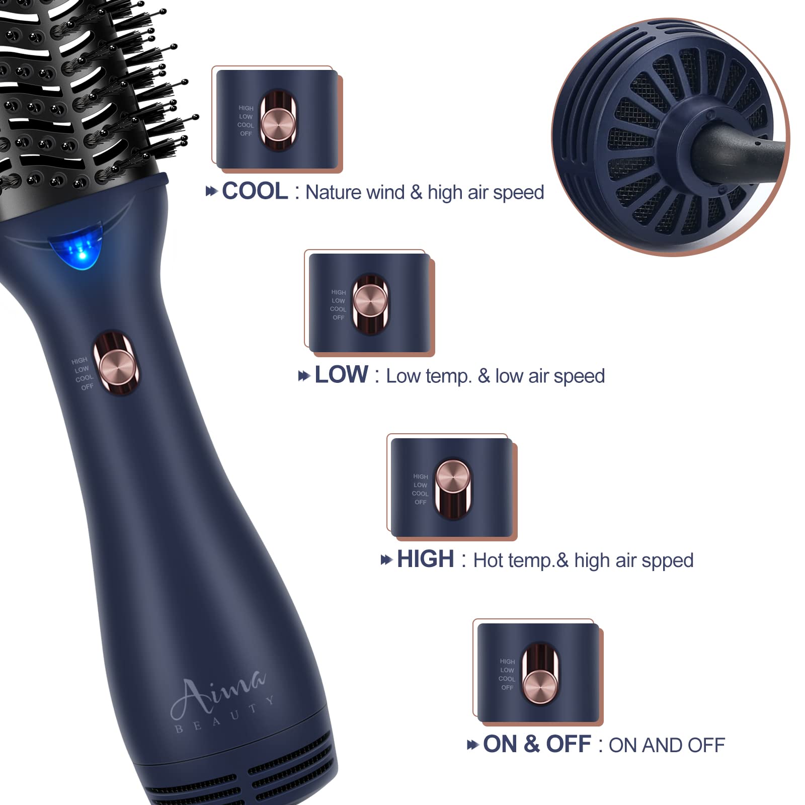 One Step Hair Dryer & Volumizing Hot Air Brush, Aima Beauty Hair Blow Dryer Brush, Ceramic Straightener Brush, Curler & Hot Comb 4 in 1 Salon Ionic Hair Brush, Prussian Blue