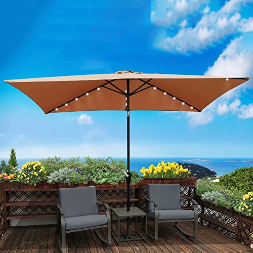 Overstock 10' X 6' Powder-Coated Steel Patio Umbrella Outdoor Market LED Lights with Crank and Button Tilt Brown