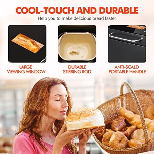 KBS Bread Maker-710W Dual Heaters, 17-in-1 Bread Machine Stainless Steel with Auto Nut Dispenser&Ceramic Pan, Gluten-Free, Dough Maker,Jam,Yogurt PROG, Touch Panel, 3 Loaf Sizes 3 Crust Colors,Recipes