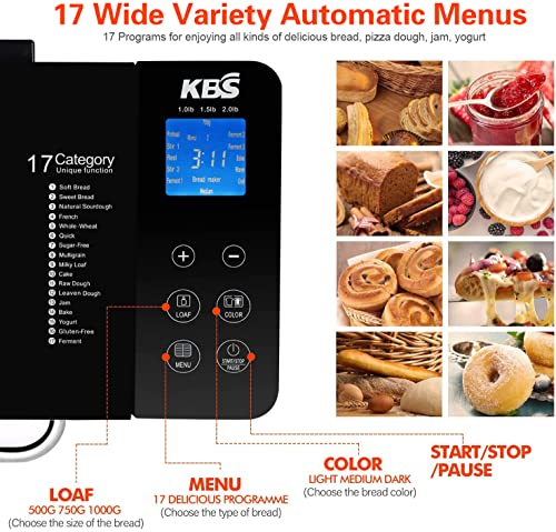 KBS Bread Maker-710W Dual Heaters, 17-in-1 Bread Machine Stainless Steel with Auto Nut Dispenser&Ceramic Pan, Gluten-Free, Dough Maker,Jam,Yogurt PROG, Touch Panel, 3 Loaf Sizes 3 Crust Colors,Recipes