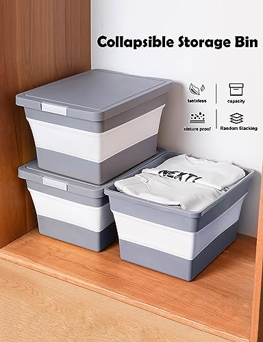 Beinilai Collapsible Storage Bins with lids,26 Qt Plastic Storage Bin Containers Tote Organizing with Secure Buckles，Suitable for Family Outdoor Multi-scene,Grey