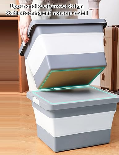 Beinilai Collapsible Storage Bins with lids,26 Qt Plastic Storage Bin Containers Tote Organizing with Secure Buckles，Suitable for Family Outdoor Multi-scene,Grey