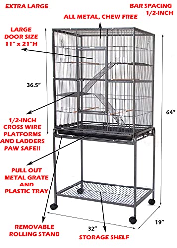 64" Extra Large Deluxe and Sturdy Wrought Iron 4-Tiers Tight 1/2-inch Bar Spacing for Ferret Chinchilla Sugar Glider Mice Rat Cage with Detachable Rolling Stand